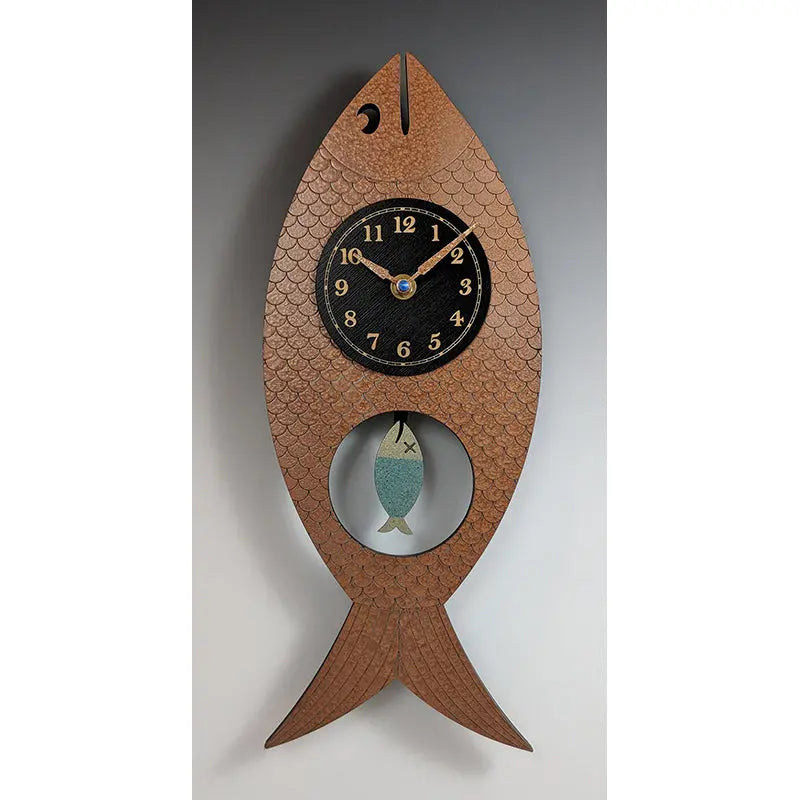 Wanda Wood Wall Clock Hand-painted in Copper with Fish Shaped Pendulum – Sweetheart Gallery, LLC ...
